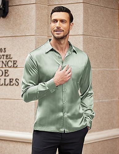 COOFANDY Button Down Shirts for Men Satin Silk Luxury Long Sleeve Shirt Party Wedding Prom (Light Green, Large)