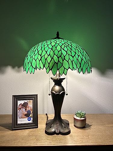 Enjoy Tiffany Style Table Lamp Green Stained Glass Leaves Included LED Bulbs Vintage for Living Room Dining Room Bedroom Bedside Office Hotel H24*W16 in