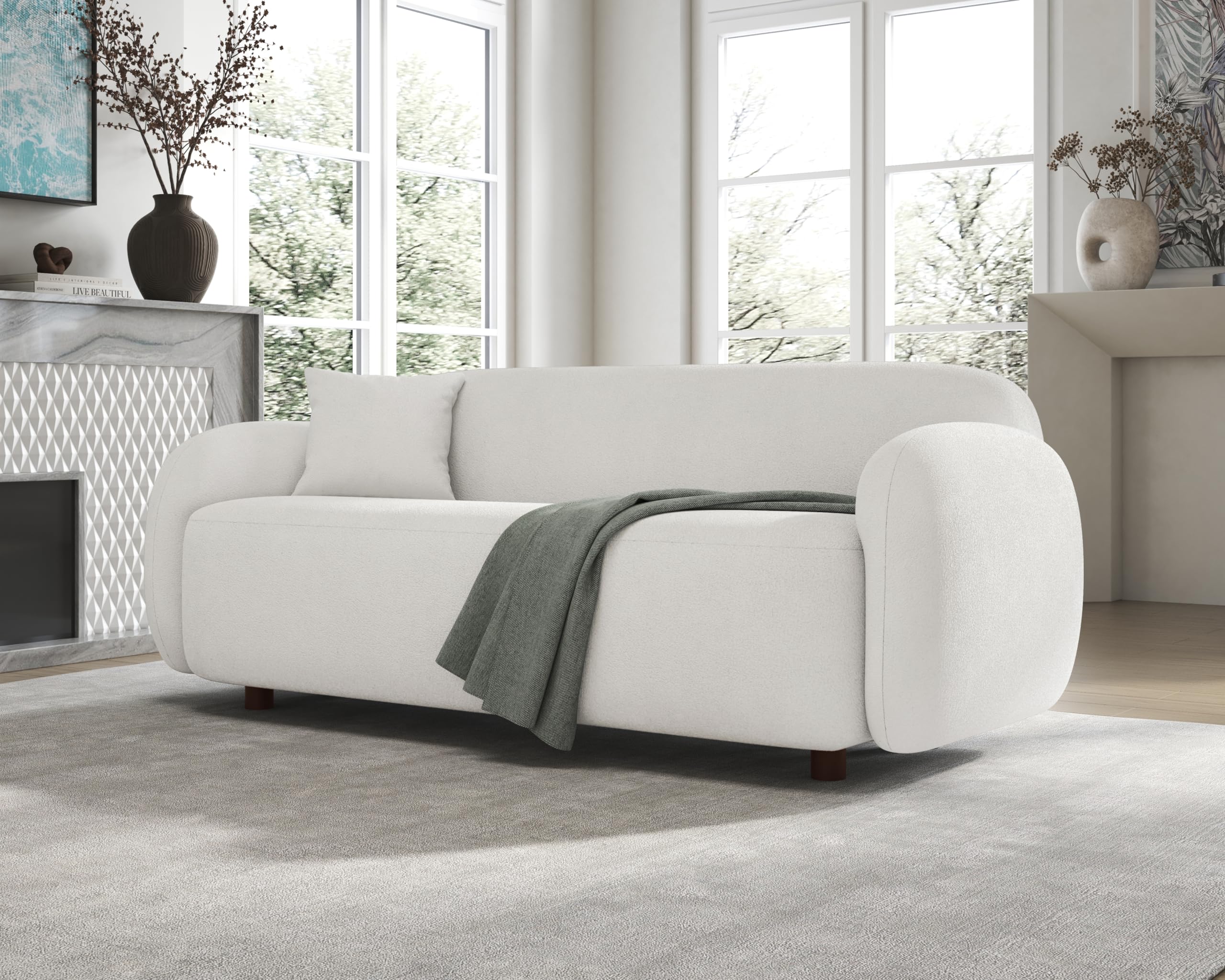 PaPaJet Sofa, Modern Cloud Couch with Soft Boucle Upholstered, 3 Seater Comfy Couch for Living Room Home Office- Sherpa Curved White Couch