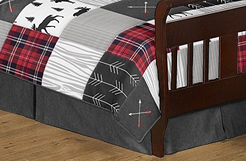 Sweet Jojo Designs Grey, Black and Red Woodland Plaid and Arrow Rustic Patch Boy Toddler Kid Childrens Bedding Set - 5 Pieces Comforter, Sham and Sheets - Flannel Moose Gray