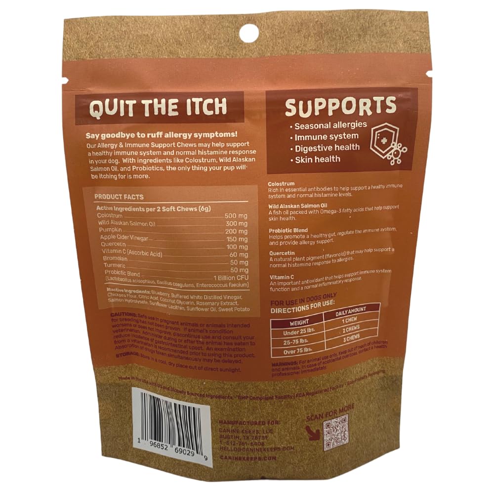 Canine Keeps Dog Allergy Chews - Itch Relief for Dogs β Omega 3 Salmon Fish Oil, Probiotics & Quercetin - Immune Support & Dog Allergy Relief Chews β Digestion + Skin & Coat Health - 90 Ct.