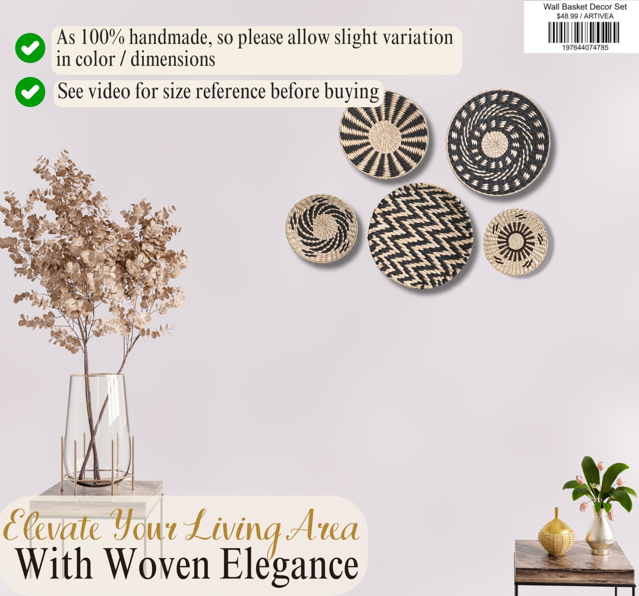 Artivea 5 Boho Basket Wall Decor Set - hanging Woven Wall Baskets Decor Boho - Boho Wall decor Baskets - Boho wicker wall decor - Basket Wall Art Decor - Boho Rattan Woven Wall Decor - Boho Rattan Wall Decor– Exclusive Registered Brand