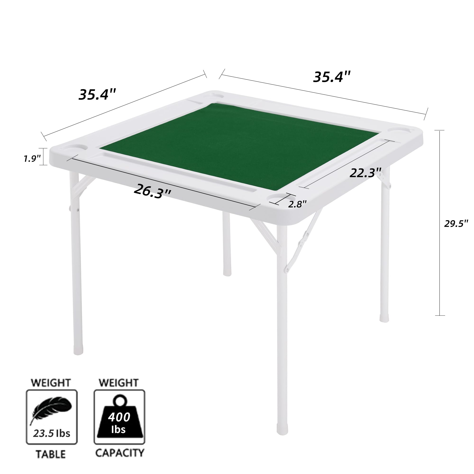 Allpop 35.4’’ Folding Mahjong Table, Square 4 Player Card Game Table with Longer Chip Trays, Cup Holders & Green Professional Tabletop for Domino, Poker, Jigsaw Puzzles