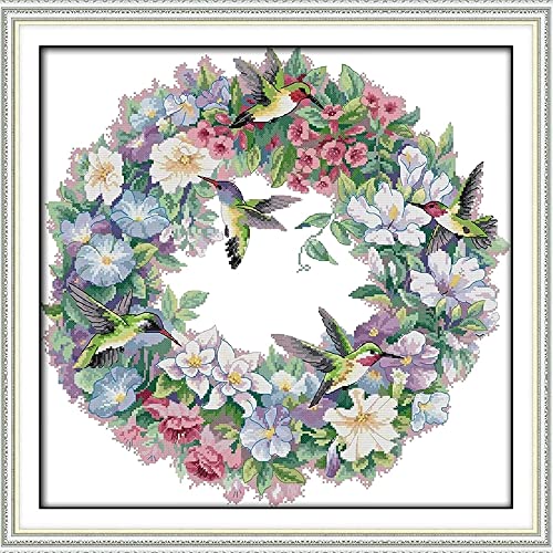 Cross Stitch Kits Patterns Embroidery Starter Kits for Adult Beginners and Kids DIY Easy Printed Cross-Stitch Kits for Home Decor - The Art of Hummingbirds 17.8×17.8(inch) (hjlk)