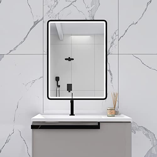 AMOCID Wall Mount Mirror for Bathroom with Lights 32 x 24 inch Rectangular Black Framed Wall-Mount Anti-Fog LED Light Bathroom Vanity Mirror Vertical or Horizontal