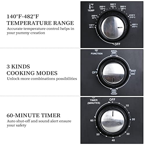 Healsmart Toaster Oven with 20Litres Capacity,Compact Size Countertop Toaster, Easy to Control with Timer-Bake-Broil-Toast Setting, 1200W, Stainless Steel,16x11in,Black,Extra Large