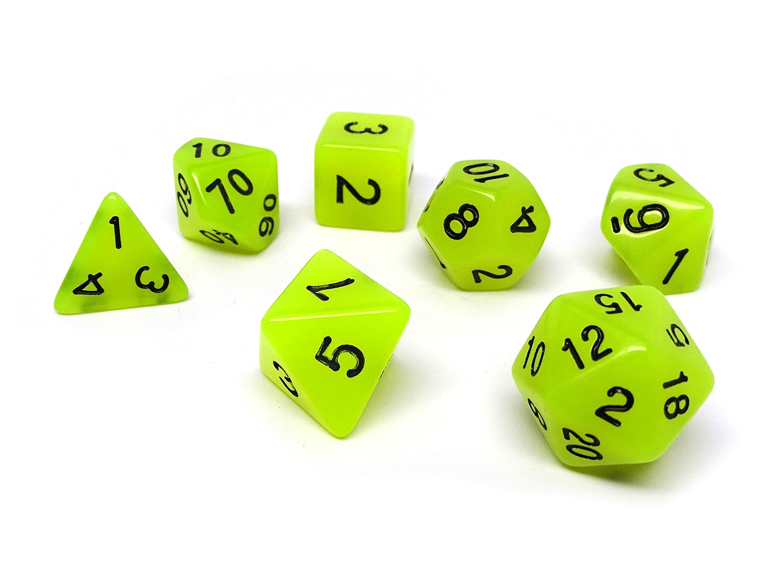Glow in The Dark Polyhedral Dice Set - 7 Piece Dice Set with One D20, D12, D10, D8, D6, D4, and D00 (Yellow with Black Font)