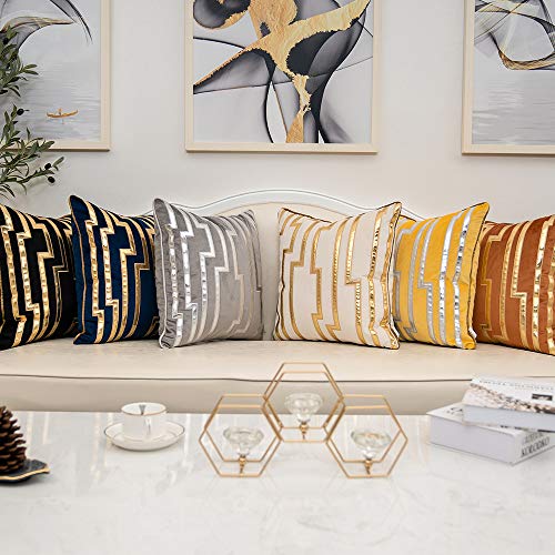 Alerfa White Geometric Gold Leather Striped Throw Pillow Covers 18x18 Inch, Luxury European Cushion Cases Decorative Pillows for Couch Living Room Bedroom 45 x 45cm