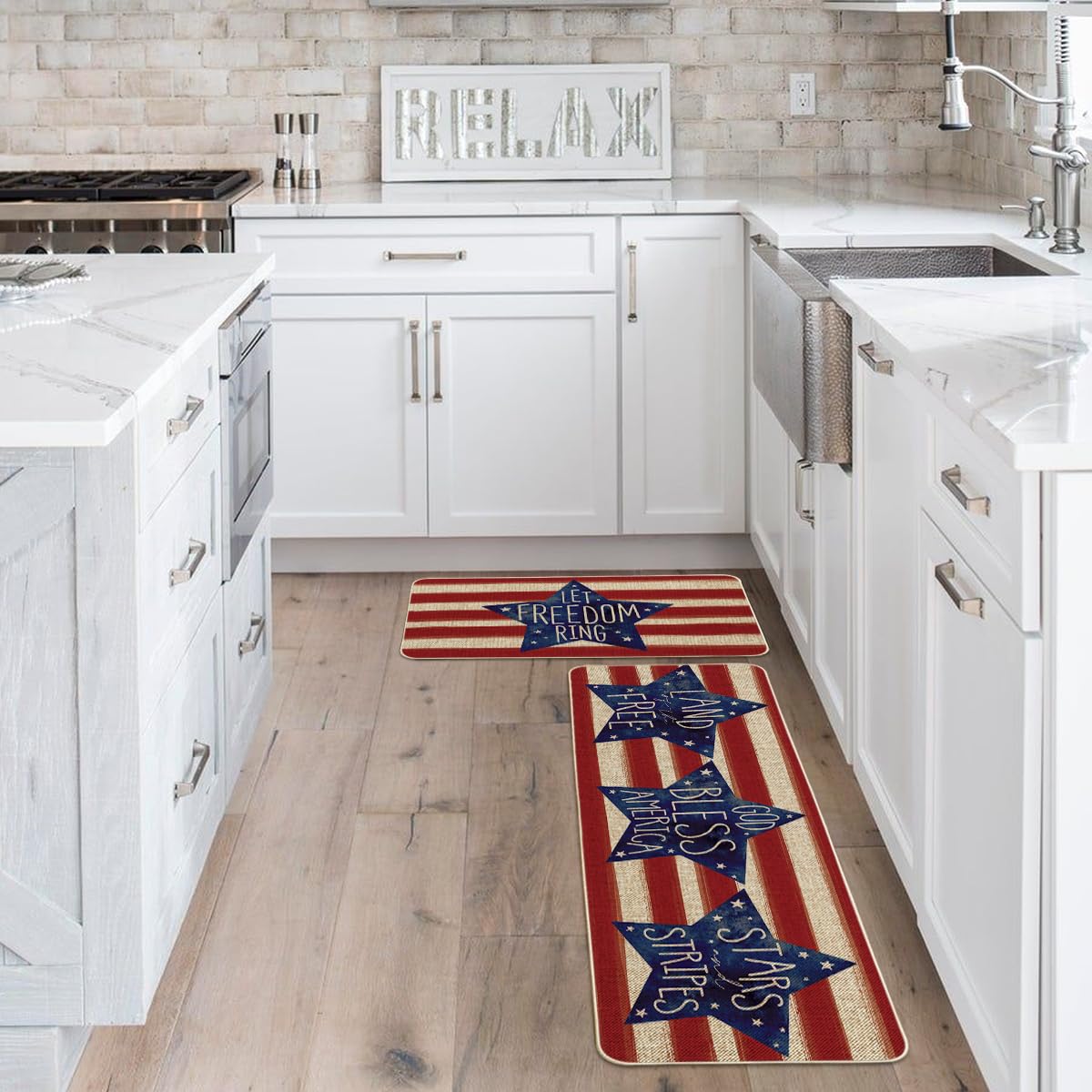 Artoid Mode Stripes Let Freedom Ring Kitchen Mats Set of 2, 4th of July Patriotic Liberty - 17x29 and 17x47 Inch