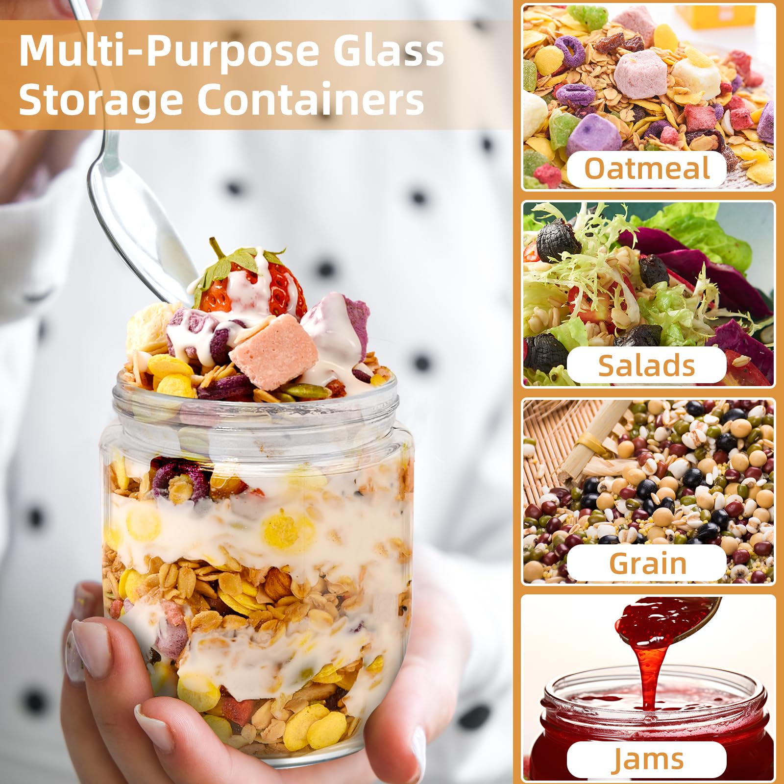 PFUM Convenient Canning Jars Set: 18 oz Glass Overnight Oats Containers 2Pack- Airtight Lids, Mason Jars for Oatmeal, Seed Pudding, Snacks Glass Food Storage Containers (2 white)