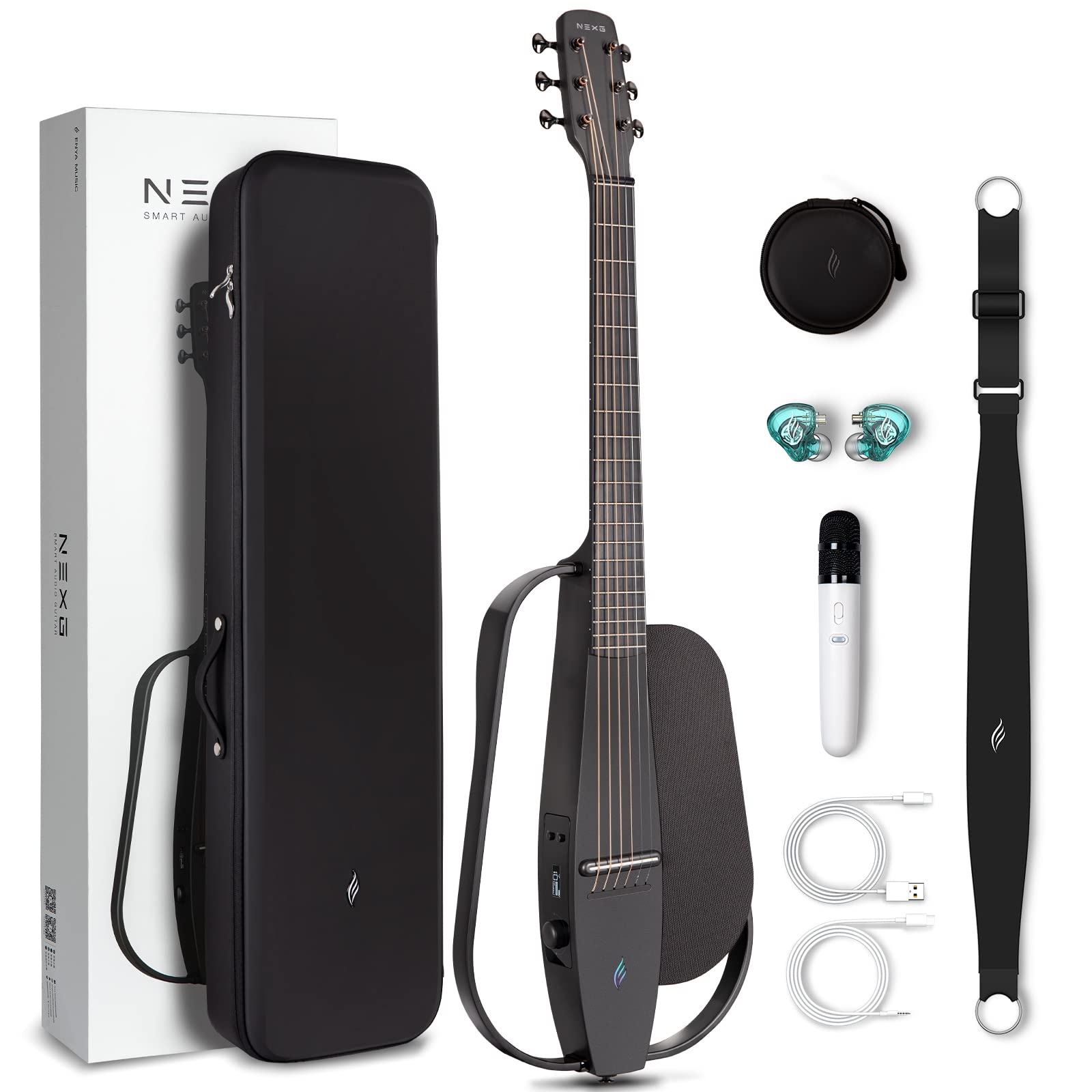 Enya NEXG Acoustic-Electric Carbon Fiber Audio Guitar Smart Acustica Guitarra for Adults with 50W Wireless Speaker, Preamp, Wireless Microphone, Hi-Fi Monitor Earphones, Strap, and Case(Black)
