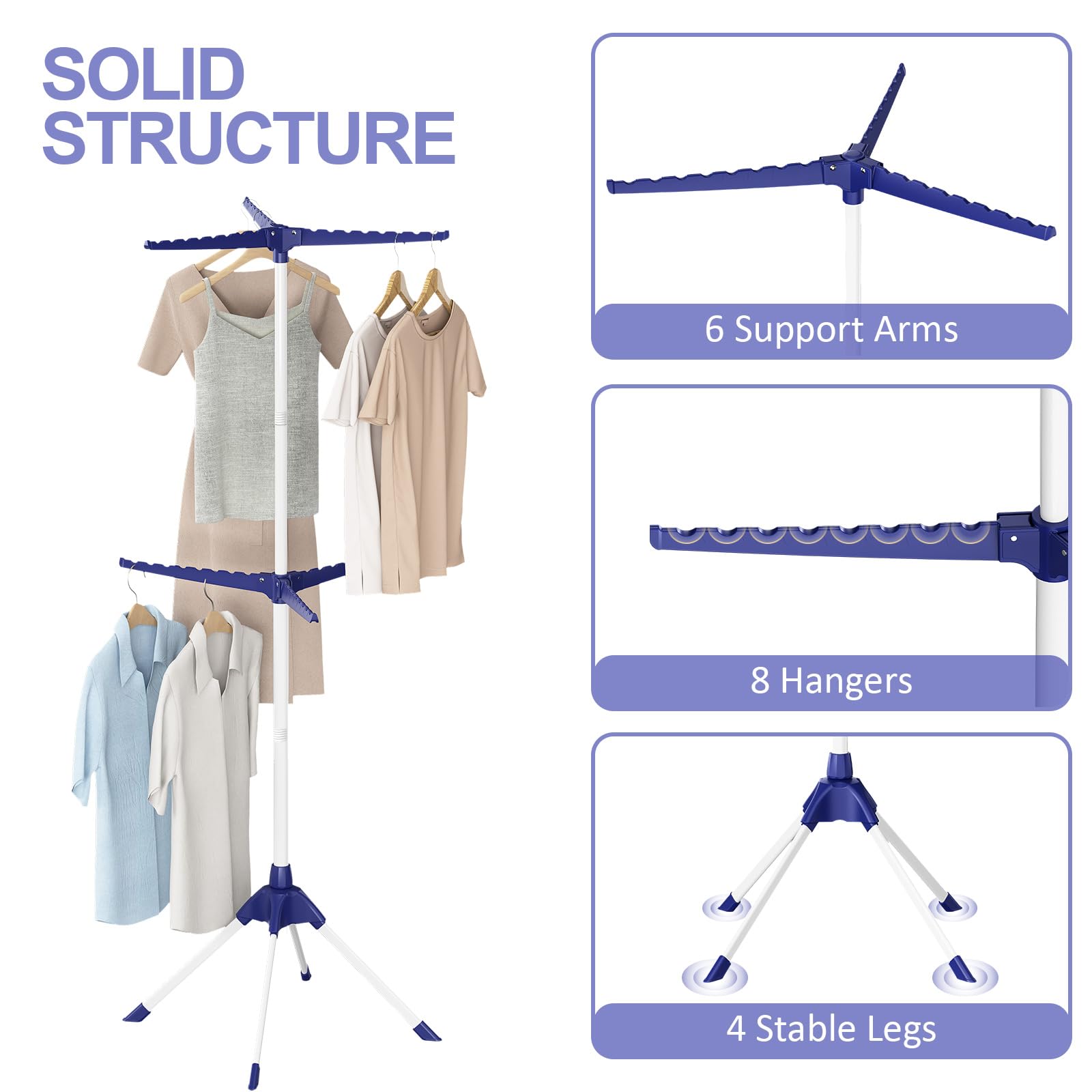 APEXCHASER Clothes Drying Rack, 2-Tier Collapsible Four-Legged Clothing Rack, 6 Arms for Hangers, Portable Garment Rack, Clothes Drying Rack Foldable Blue