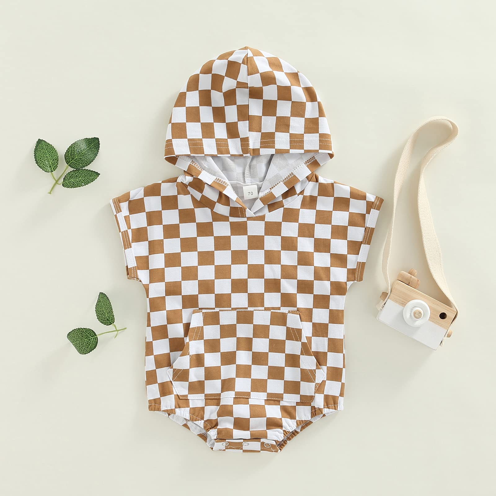 AEEMCEM Toddler Baby Boy Checkerboard Print Romper Short Sleeve Hooded Plaid Jumpsuit Bodysuit Outfit Cute Summer Clothes (Khaki, 3-6 Months)