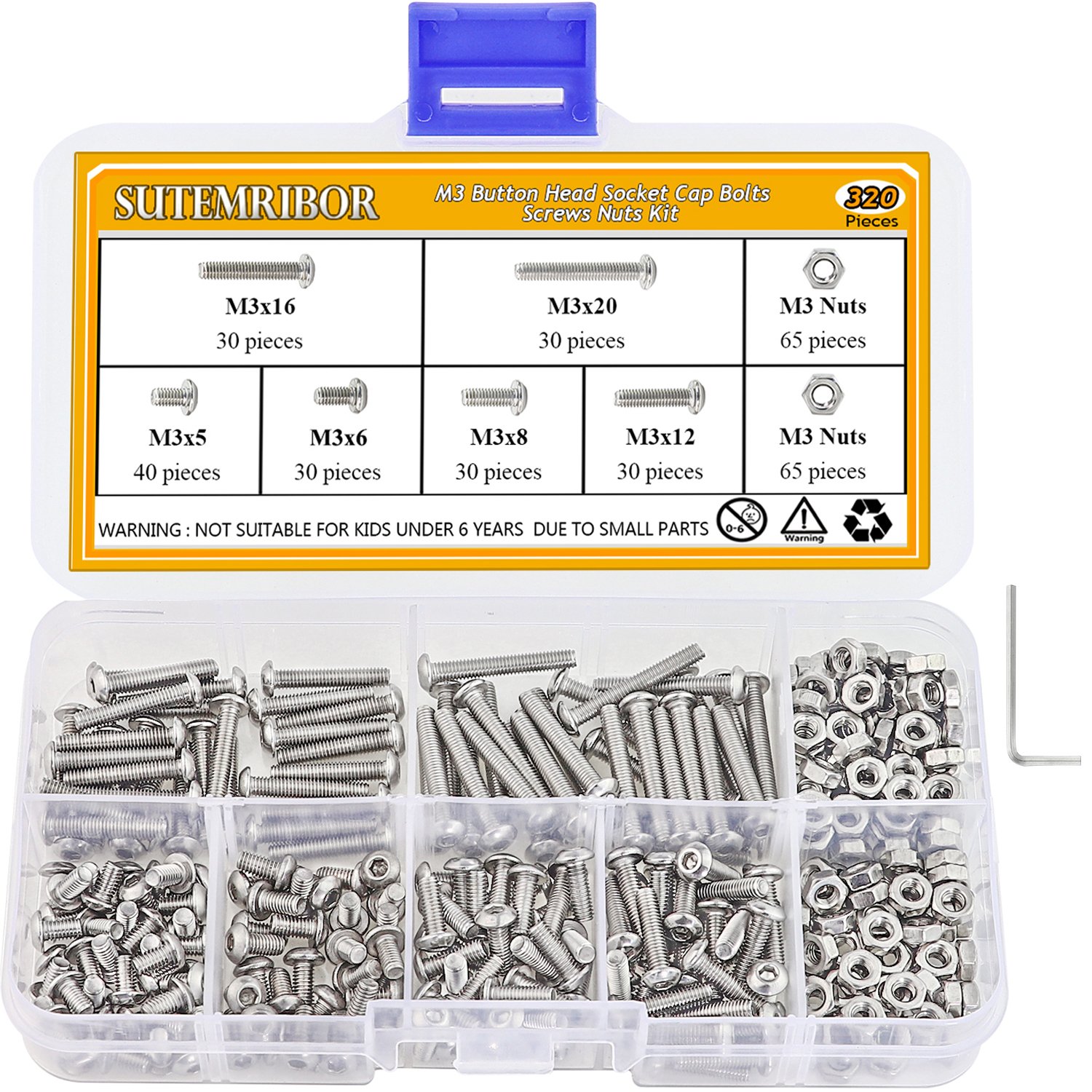 Sutemribor 320 Pieces M3 Stainless Steel Button Head Hex Socket Head Cap Bolts Screws Nuts Assortment Kit + Wrench