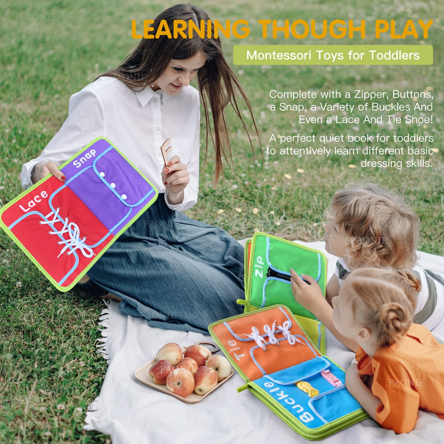 FAONIE Toddler Busy Board Toddler Early Learning Toys Basic Life Skills Learn to Dress Board Book - Zipper, Snap, Button, Buckle, Lace & Tie