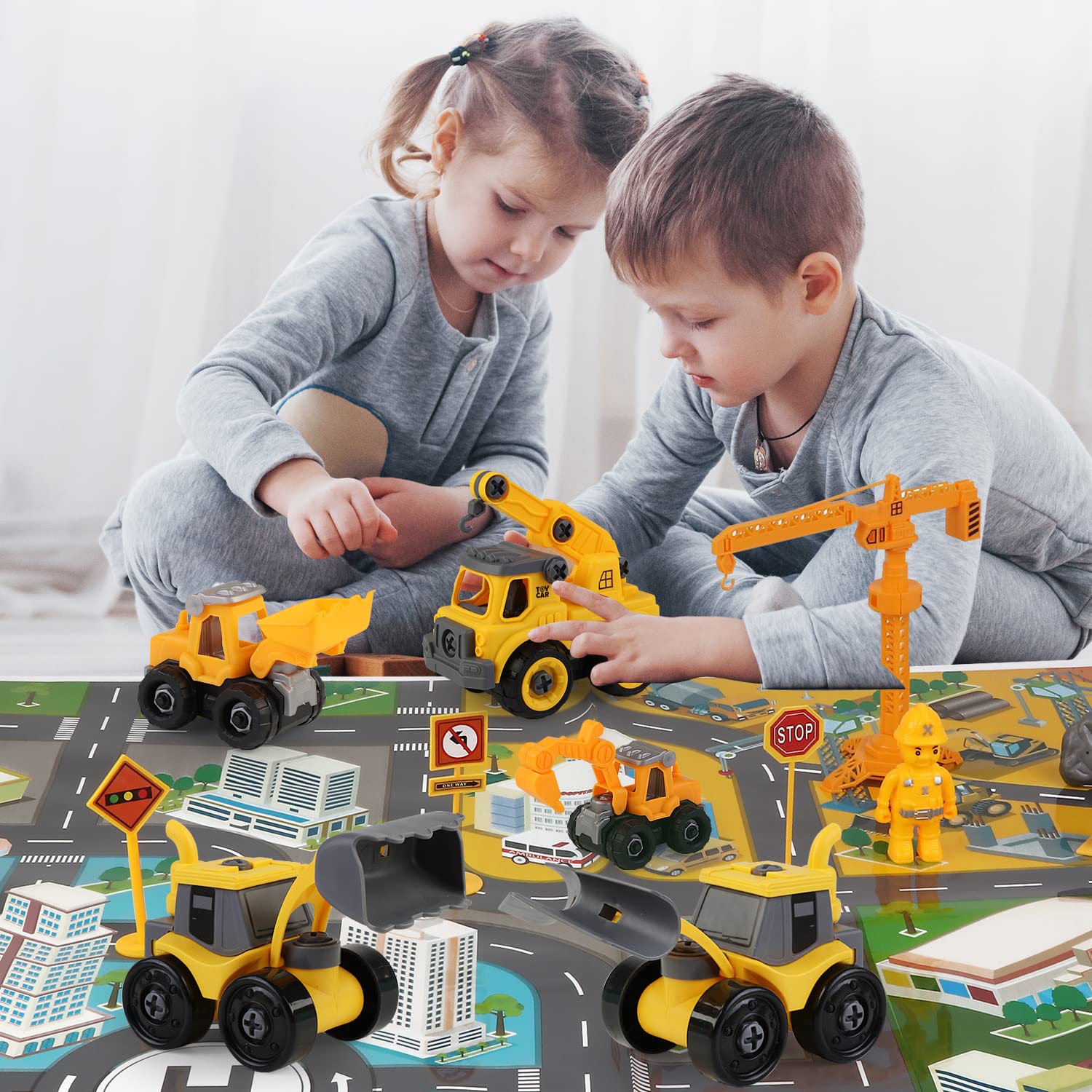 NETNEW Take Apart Construction Trucks Toys for 3 4 5 6 Year Old Boys with Electric Drill and Map Kids Stem Building Toy