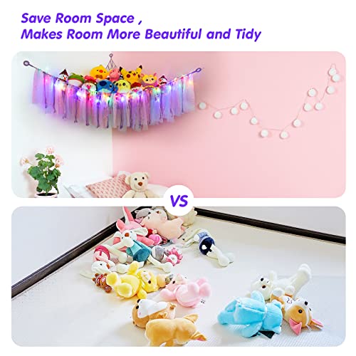 ieBabay Stuffed Animal Net or Hammock with Led Light, Boho Stuffed Animal Storage Organizer, Plush Toy Hammock Net, Hanging Plushie Net, Toddler Hammock for Kids Room Decor