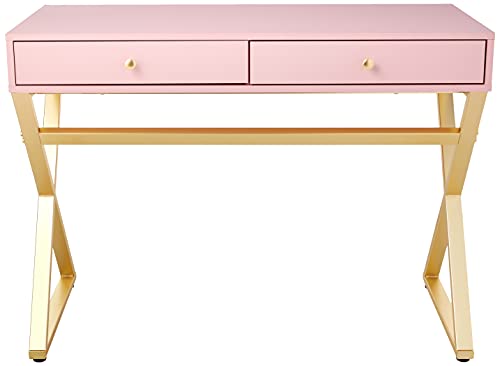 Acme Coleen Wooden Top Writing Desk with 2 Drawers in Pink and Gold