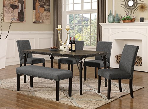 Roundhill Furniture Biony 6-Piece Wood Dining Set with Nailhead Chairs and Bench, Grey