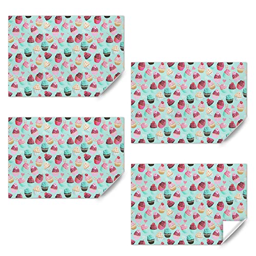 Blue Birthday Wrapping Papers, 4 Sheets Cupcake Muffin Printed Pattern Wrap Papers, 20 x 29 inch Per Sheet Folded Flat with 1 Roll Blue Ribbon for Baby Shower Party Holiday Kids Toddler Boys Gift Wrap