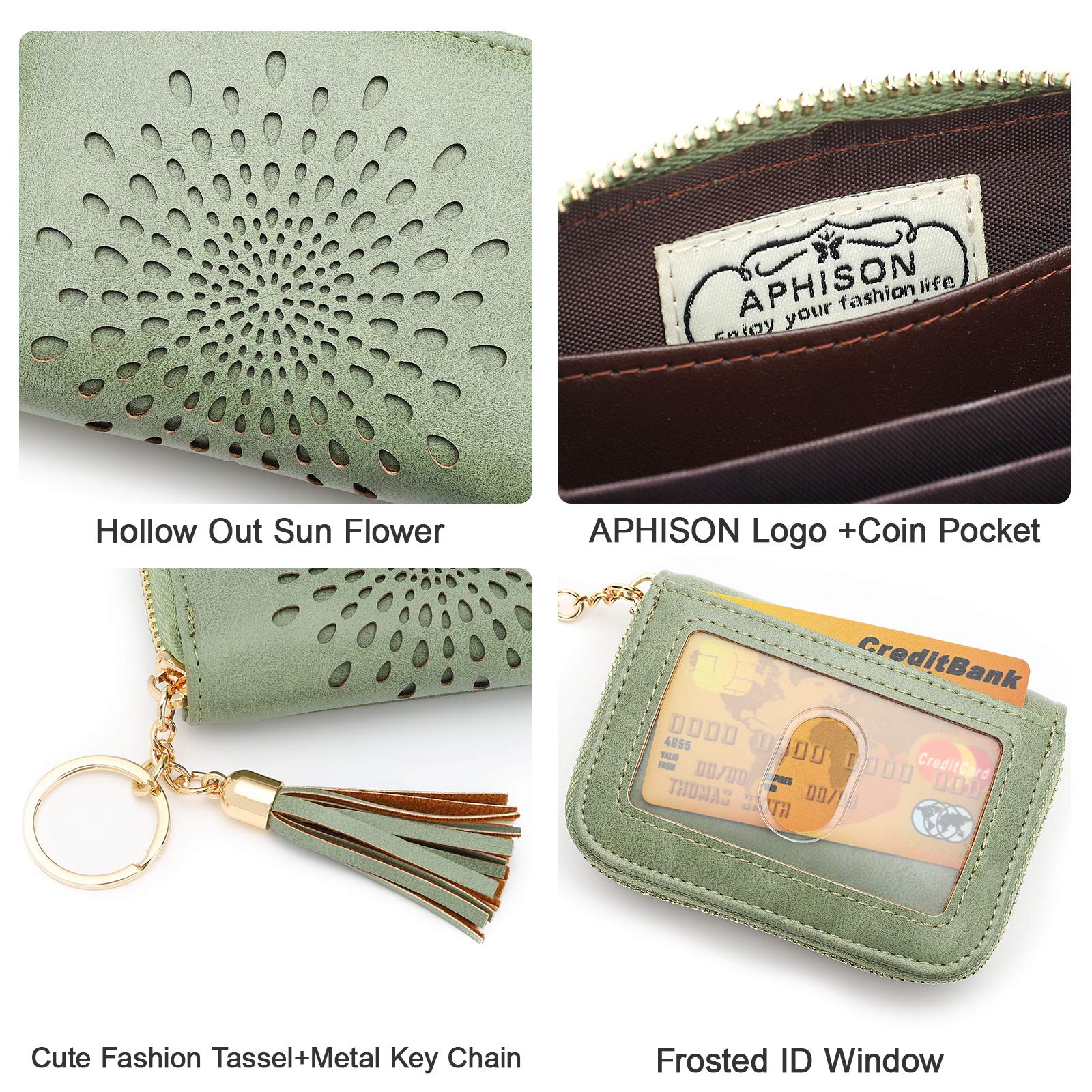 APHISON RFID Credit Card Holder Zipper Card Case Keychain Small Wallet for Women 1927 GREEN