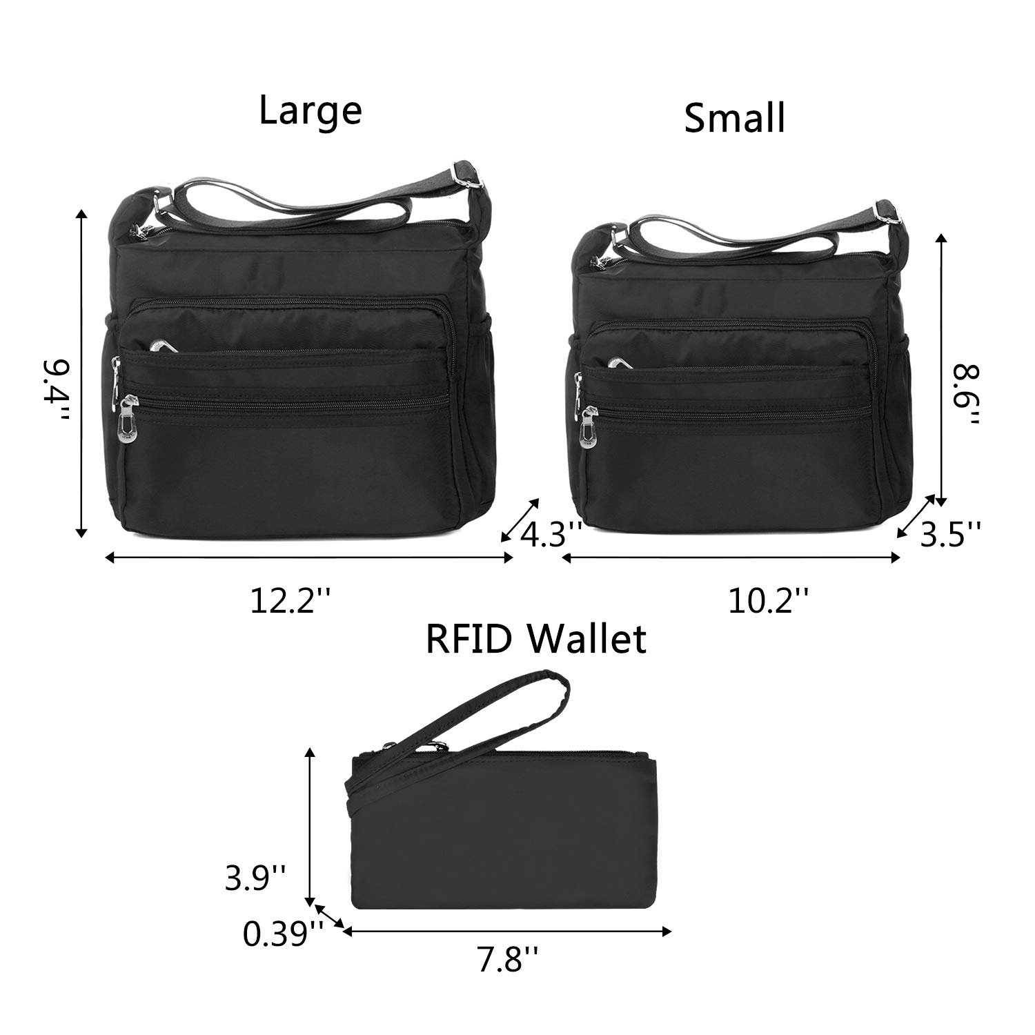 Crossbody Bag for Women Waterproof Shoulder Bag Messenger Bag Casual Nylon Purse Handbag (Large, Black-RFID)