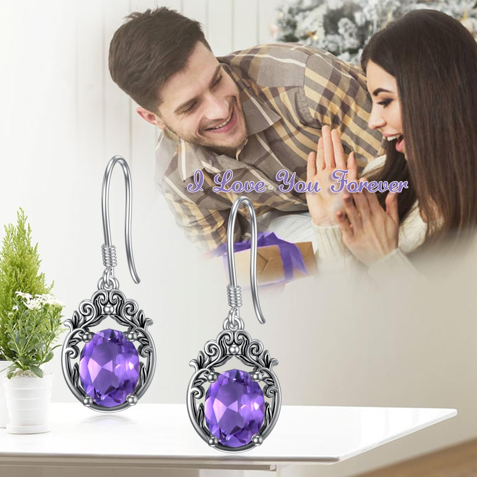 Althum 7x9mm Amethyst Earrings 925 Sterling Silver Genuine Natural Oval Cut Purple Amethyst Drop Dangle Earrings for Mother Women