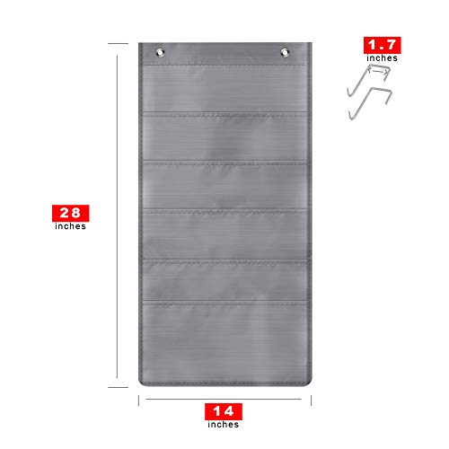 Storage Pocket Chart with 5 Pocket, 2 Pack Heavy Duty Storage Chart Hanging Wall File Organizer Included 4 Over Door Metal Hangers - Organize Your Assignments, Files, Scrapbook Papers & More (Gray)