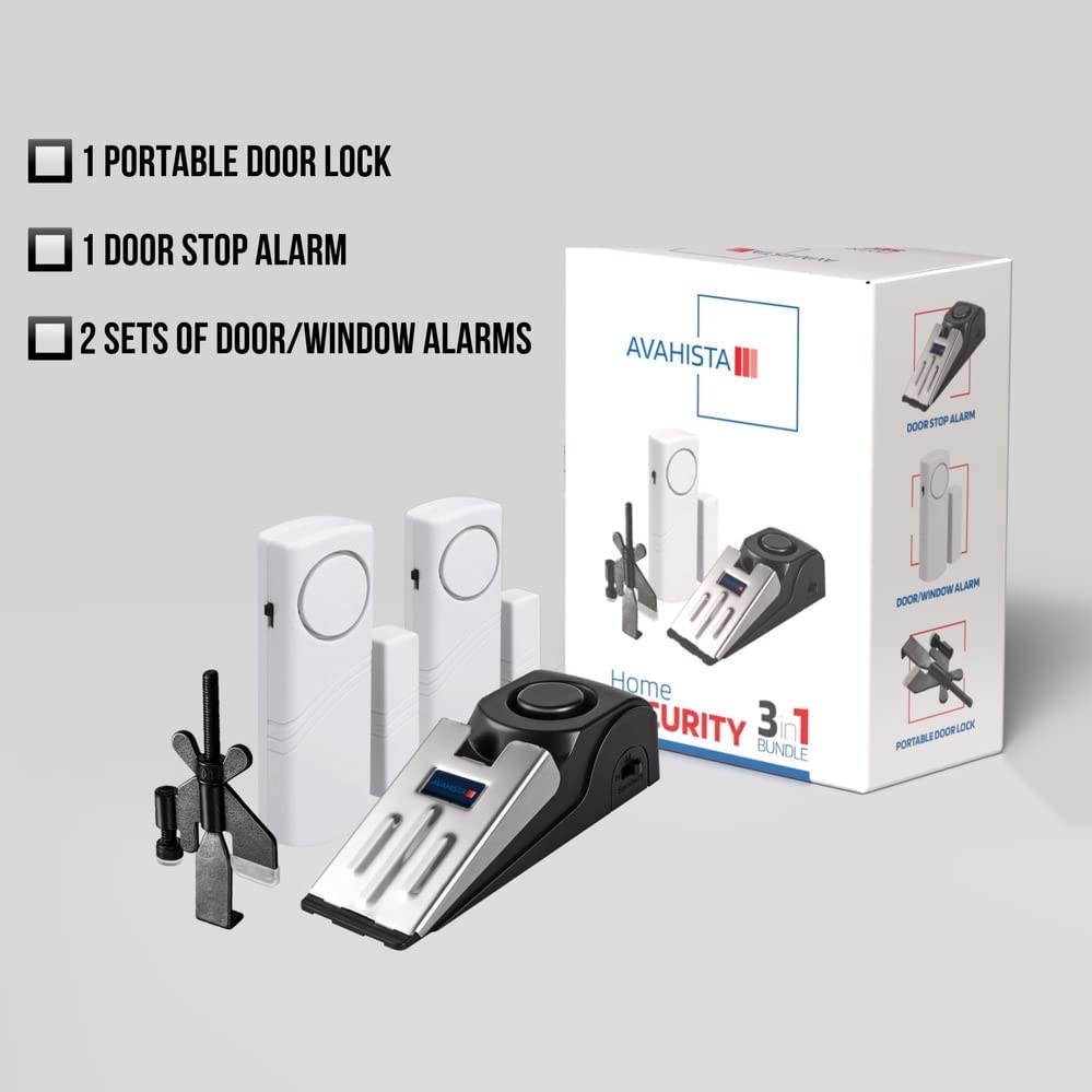 AVAHISTA Ultimate Home Security Bundle 3-in-1 Portable Door Lock Door Stop Alarm 2 Sets of Door/Window Sensor Alarms Heavy Duty Protection for Travel. Home/Apartment Security Package