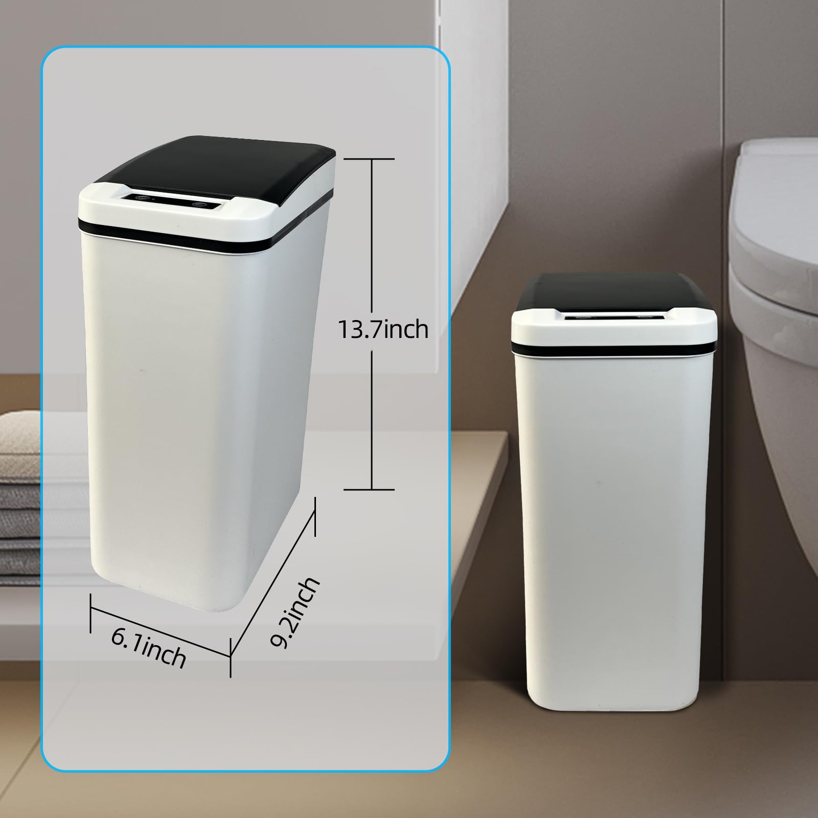 KKBUER Touchless Bathroom Trash Can 2.6 Gallon Set, Slim Smart Garbage Can Motion Sensor Trash Can Small Slim Touchless Trash can(2PCS)