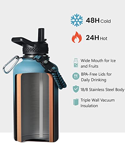 Coolplus 64 oz Insulated Water Bottle with Paracord Handle & 3 Lid, Half Gallon Water Bottle Food-grade Vacuum Large Water Jug Flask, Keep 24H Hot 48H Cold, Leak Proof & BPA-Free,