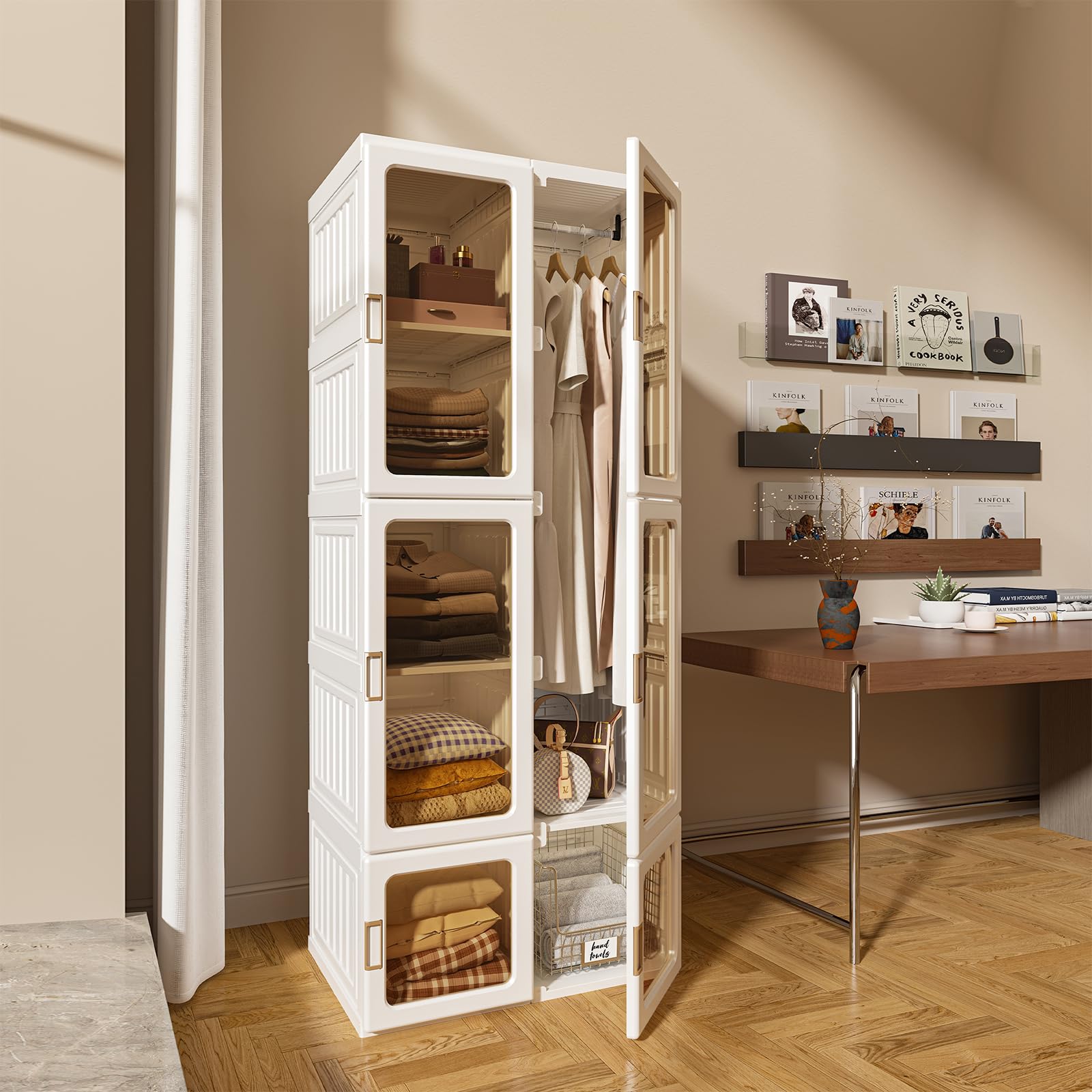 ANTBOX Portable Wardrobe Closet Storage Organizer for Clothes,Transparent Door Panels,Suitable for Living Room, Bedroom,Plastic Wardrobe with Magnetic Door and Easy Assembly 6 Cubes & 2 Hanging Rod