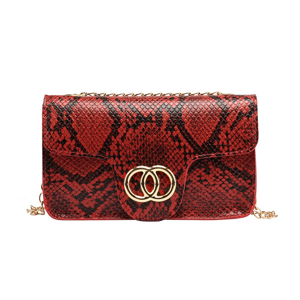 Unique Double O Design Snake Skin Magnetic Closure Crossbody Purse Shoulder Bag for Women & Girls (Red)
