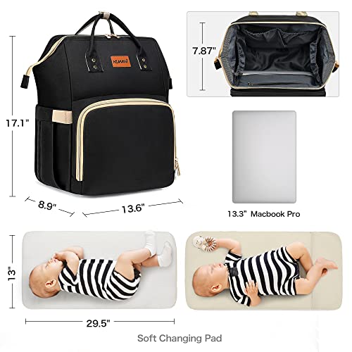 KUWANI Diaper Bag Backpack, Multifunction Travel Baby Changing Bags for Dad/Mom, Large Unisex Waterproof Diaper Backpack with Stroller Straps, Baby Registry Search(Black)
