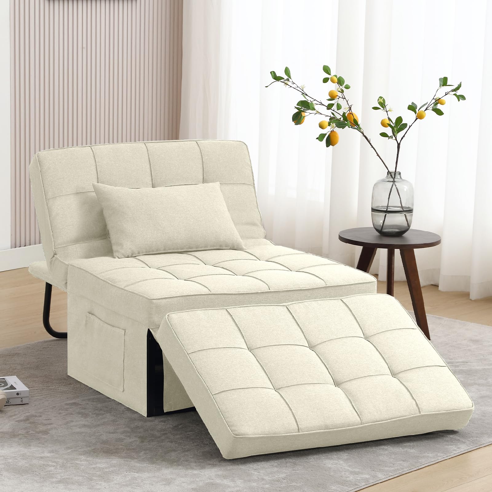 Apicizon 72.5'' Couch Bed, 4 in 1 Convertible Sofa Bed Free Assembly,Multi Function Ottoman Chair Lounger Bed with Adjustable Backrest for Living Room, Small Space,Light Beige