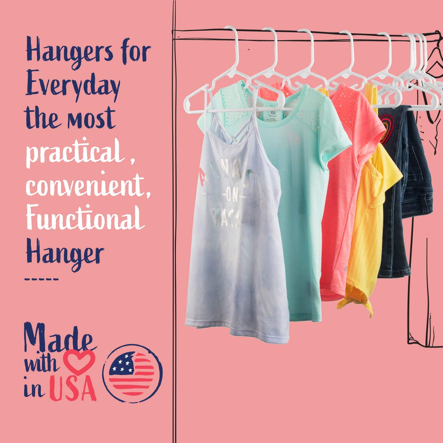 USA Made Premium Children's Clothes Hangers - Very Durable Heavy Duty Tubular Kids Hangers Plastic, Baby Hangers for Closet, 60 Pack (White)