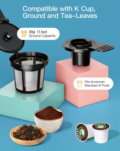 Hot and Iced Coffee Maker for K Cups and Ground Coffee, 4-5 Cups Coffee Maker and Single-serve Brewers, with 30Oz Removable Water Reservoir, 6 to 24Oz Cup Size, Pot and Tumbler Not Included, Blue
