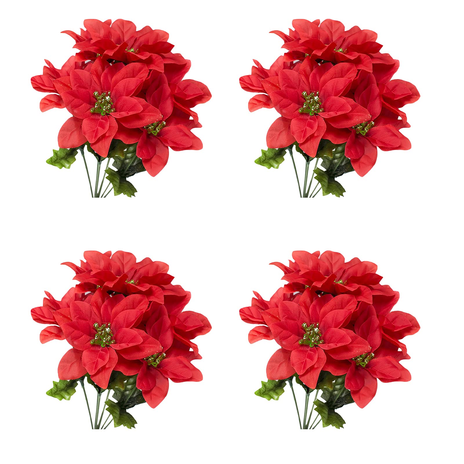 Firlar 4 Pcs Artificial Poinsettia Bouquet, 7 Stems Each, Red Artificial Poinsettia Bushes Fake Poinsettias Flowers, Christmas Decoration Bouquet Silk Poinsettia for Christmas Tree Home Garden Decor