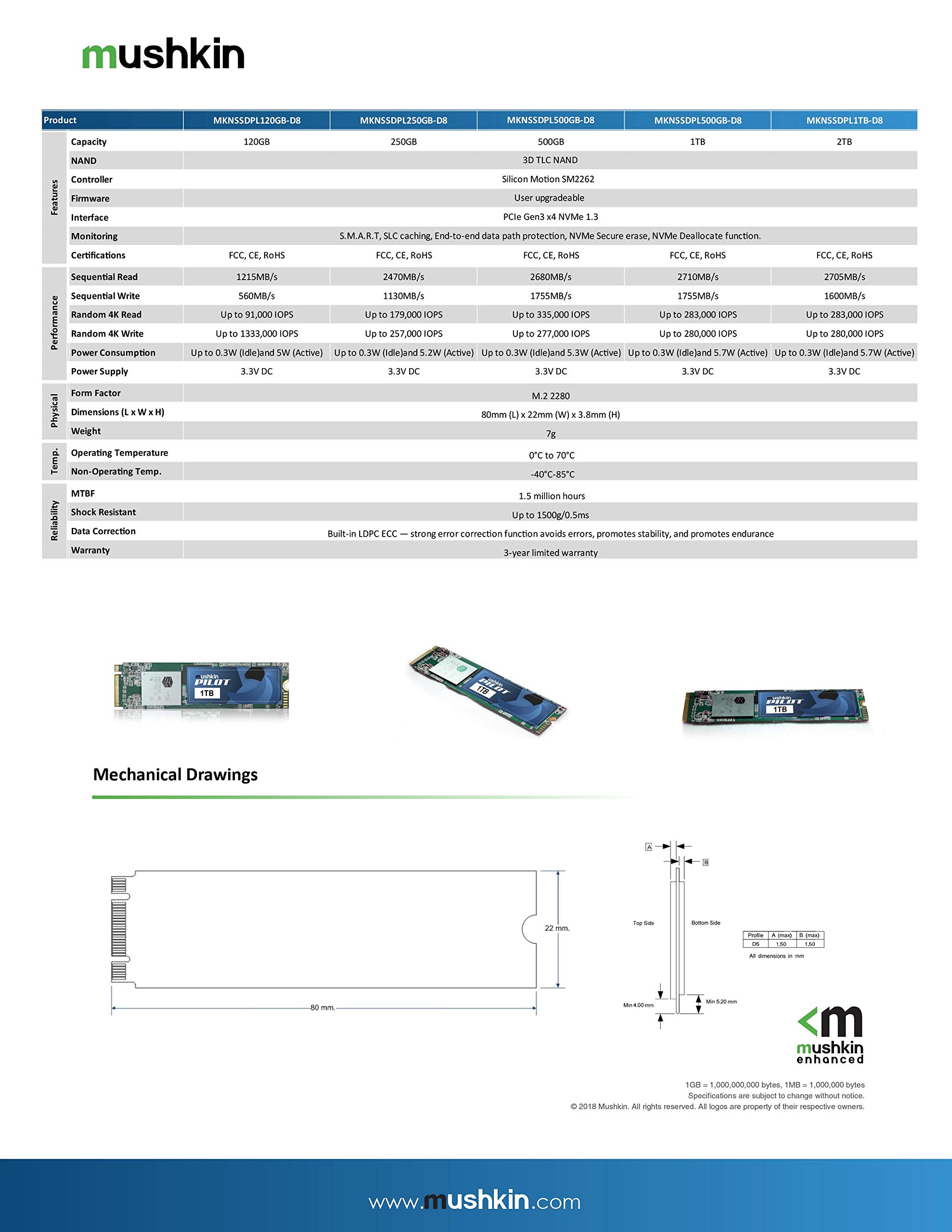 Mushkin Pilot – 500GB PCIe NVMe – M.2 (2280) Internal Solid State Drive (SSD) – Gen3 x4 – 3D TLC - (MKNSSDPL500GB-D8)