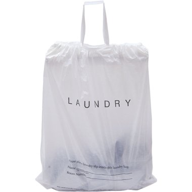 Hotel Laundry Bags, 1.25 Mil Plastic with Drawtape and Write-On Strips, 18" x 19" with 4" Gusset, Biodegradable - CASE OF 1,000