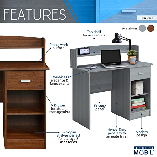 Techni Mobili Modern Office Hutch Writing Desk, Grey
