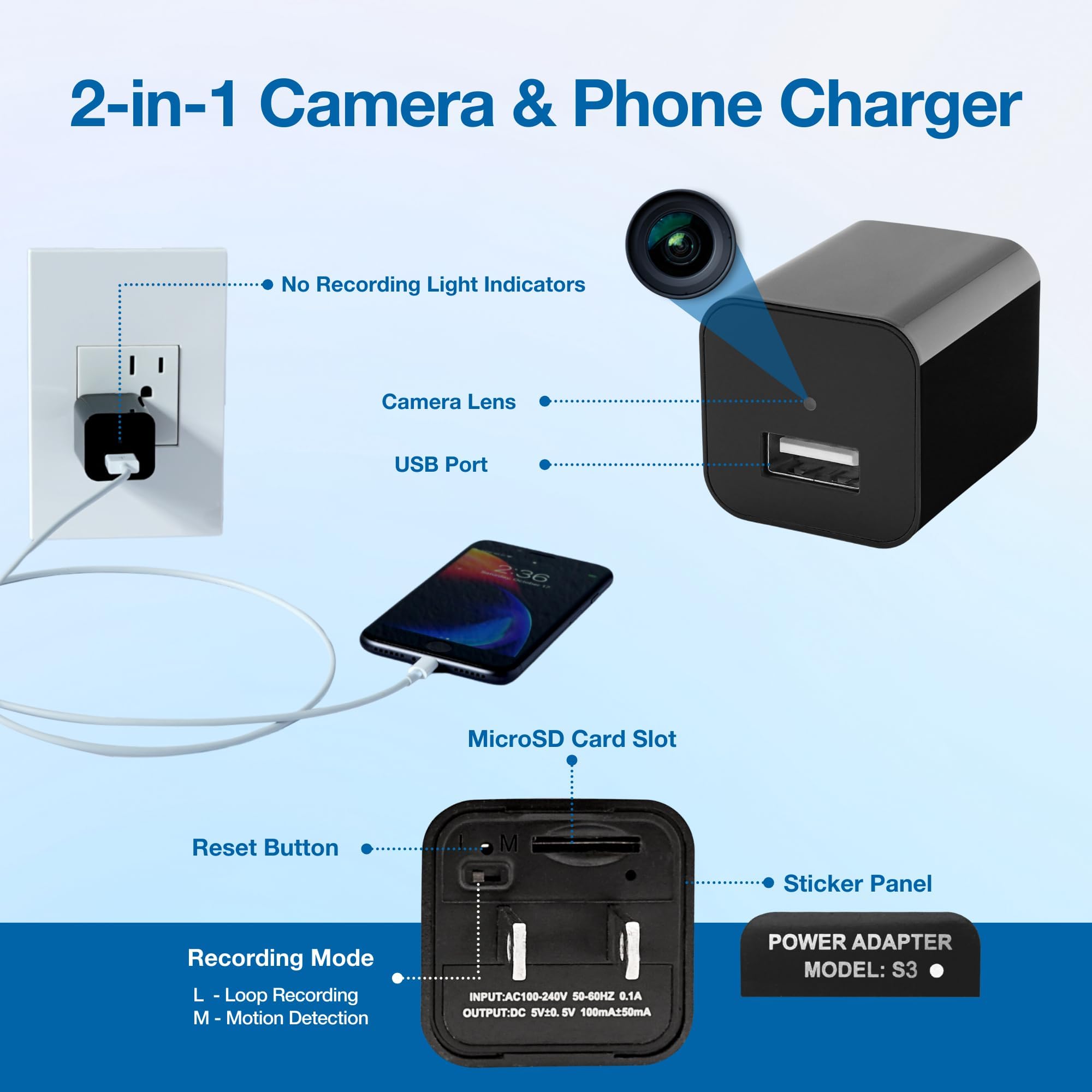 Asani Hidden Spy Camera USB Charger - Home & Office Security Nanny Cam with SD Card Slot, Motion Detection, Full HD Video, Smartphone Connectivity, Ideal for Monitoring Elderly Parents, Pets