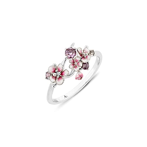 Anthia Jewelry 925 Sterling Silver Enamel Wild Flower Cubic Zirconia Statement Ring (Silver & Pink, 9)