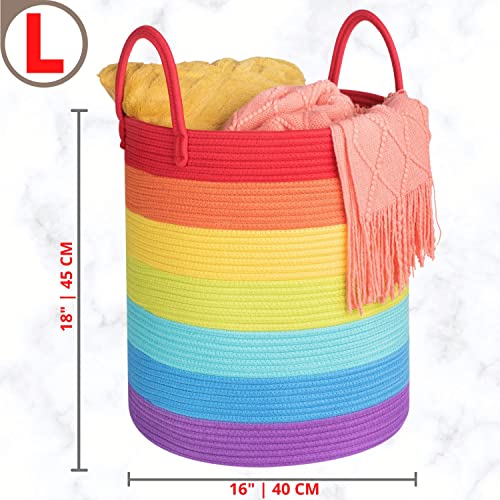 MINTWOOD Design Large Decorative Woven Cotton Rope Basket, Tall Laundry Basket Hamper, Blanket Basket for Living Room, Storage Baskets for Toys, Towel, Throw, Pillow, 60L Rainbow