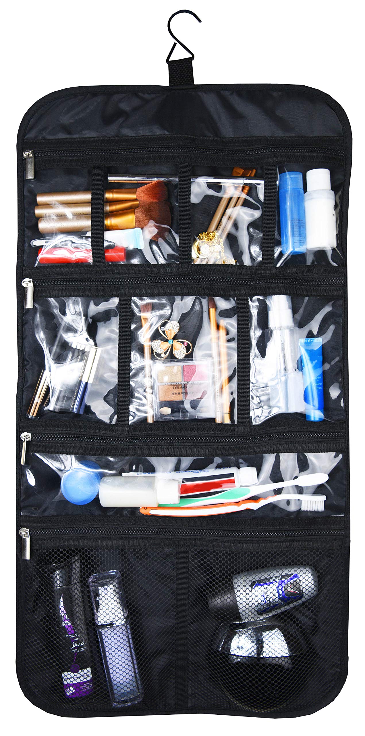 Freegrace Premium Hanging Toiletry Travel Bag - Cosmetic, Jewelry, Toiletry & Accessory Storage Organizer Bag, Large Size, Various Compartments (Black)