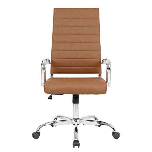 LANDSUN Home Office Chair High Back Executive Chair Ribbed Leather Computer Desk Chair with Armrests Soft Padded Adjustable Height Swivel Modern Conference Chrome Brown
