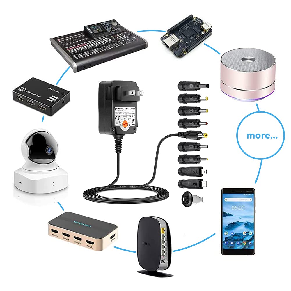 Powseed 3V 4.5V 5V 6V 7.5V 9V 12V Universal AC Adapter 12W AC/DC Power Adapter for Household Elecronics Pedals Routers Speakers CCTV Cameras Smart Phone USB Hub GPS Tablet Recorder etc.