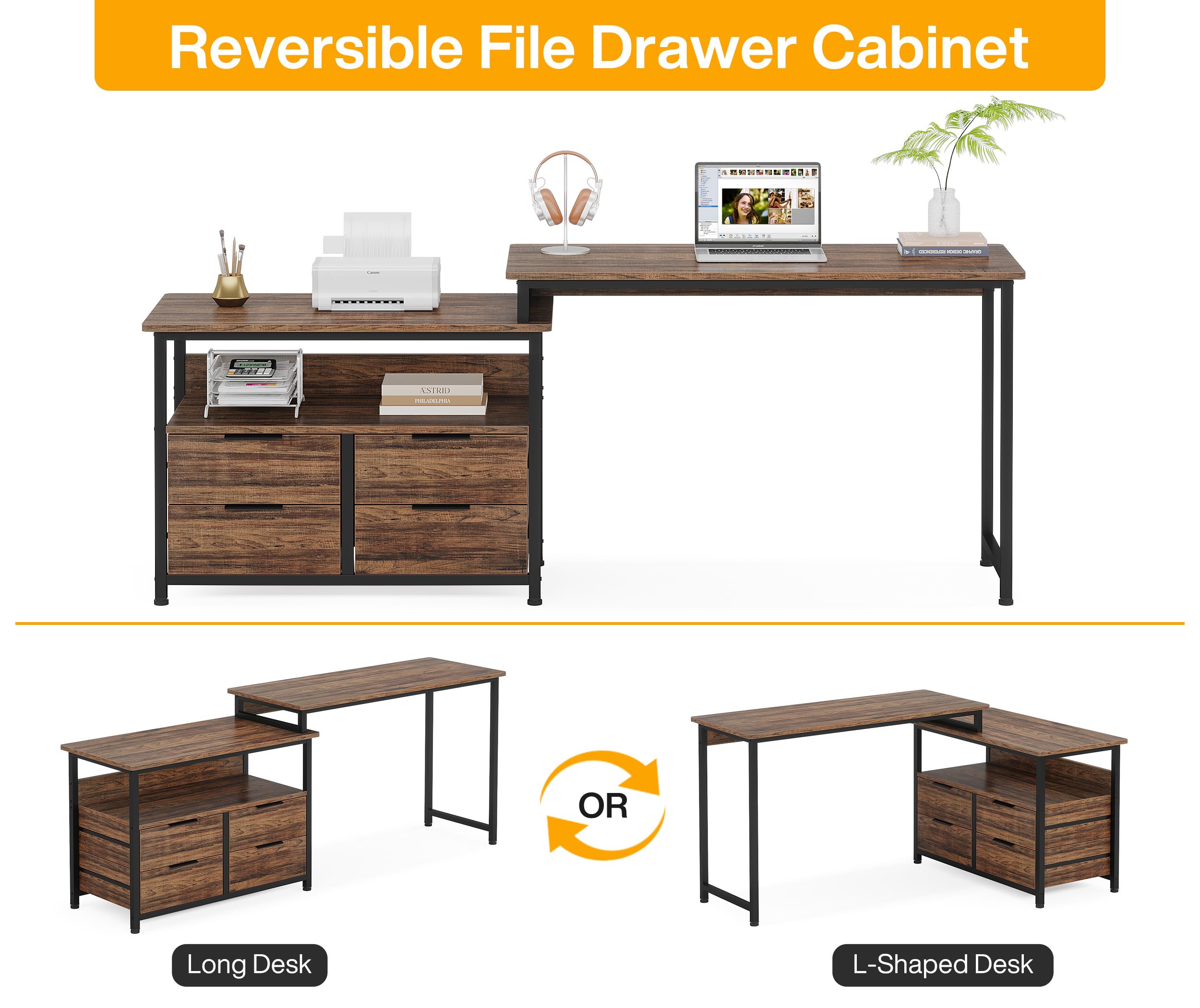 Tribesigns Reversible L-Shaped Desk with Drawers, Corner Home Office Desk with Storage Shelves, Industrial Writing Workstation Table for Home Office, Small Space (Rustic Brown)