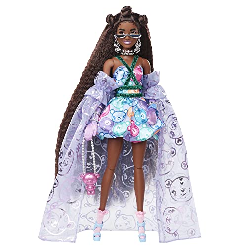 Barbie Extra Fancy Fashion Doll & Accessories Dressed in a Teddy-Print Gown with Sheer Train, Plus Teddy Bear Pet