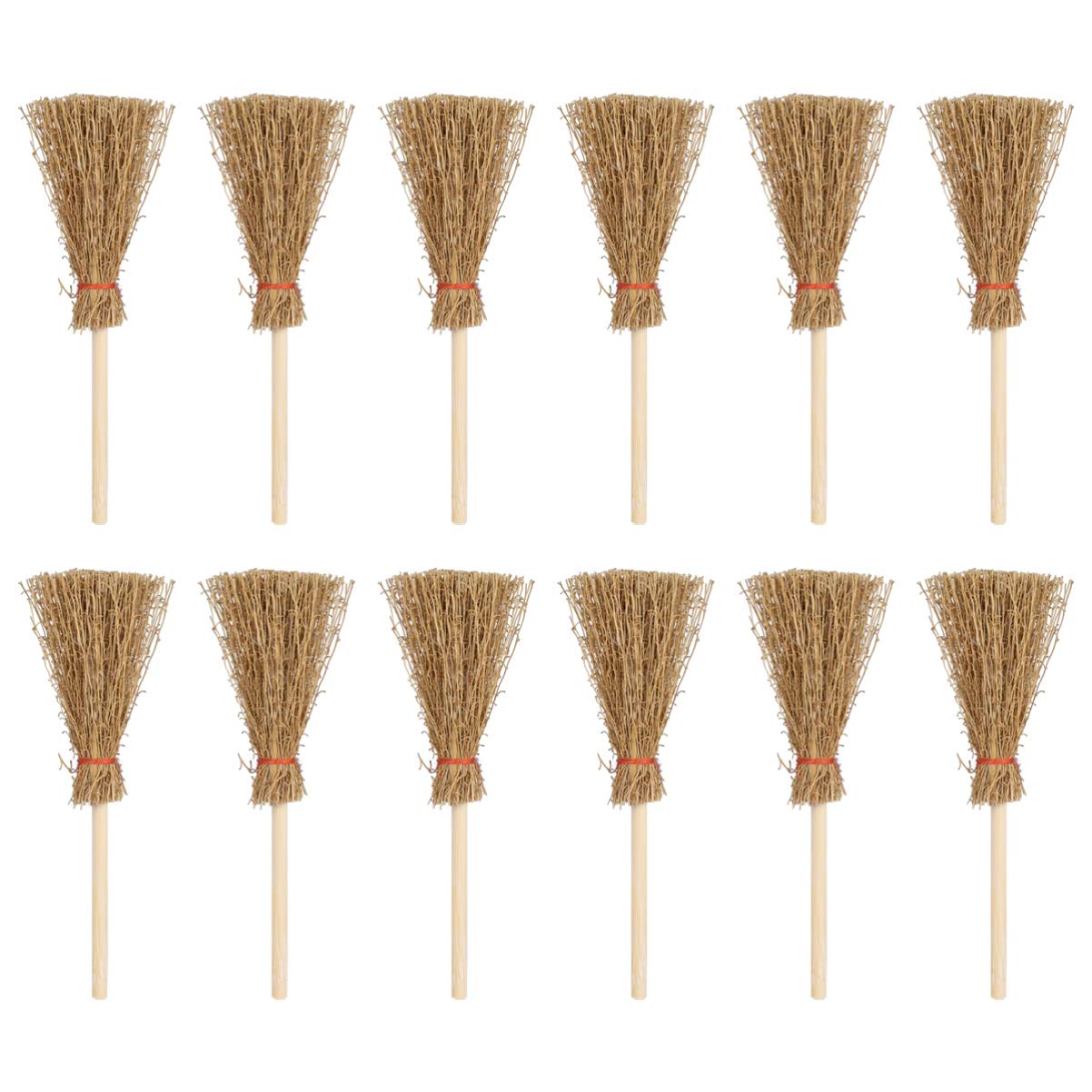 SEWACC Mini Straw Brooms with Red Ropes 12pcs Straw Broom Wizard Decor Artificial Miniature Halloween Straw Broom Craft Decoration for Home Decor Halloween Party